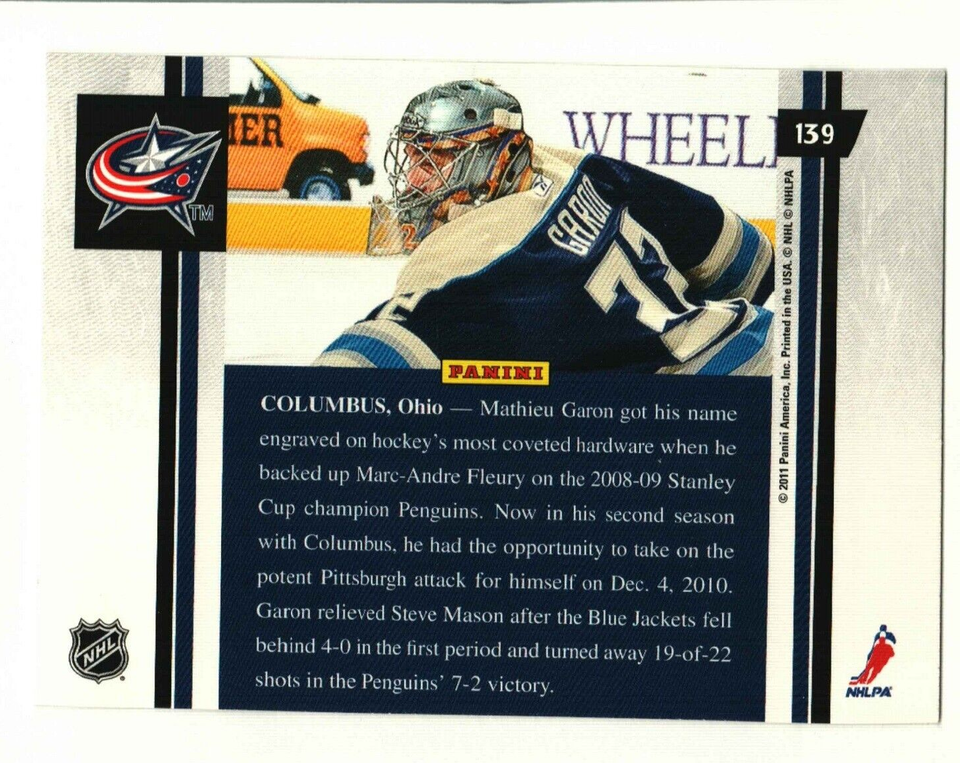 2010-11 PANINI PINNACLE HOCKEY CARD - # 139 MATHIEU GARON COLUMBUS BLUE ...
