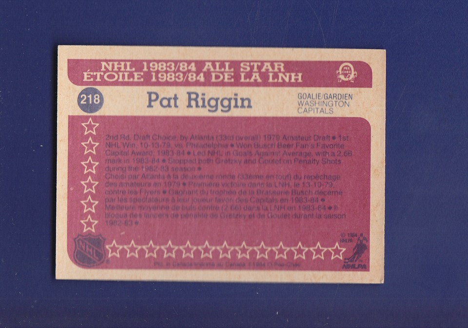Pat Riggin AS 1984-85 O-PEE-CHEE OPC NHL Hockey #218 (NM) Washington ...
