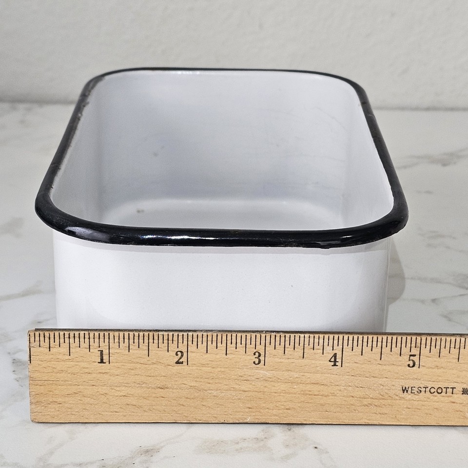 Vintage White Enamel Rectangle Loaf Pan Black Rim Refrigerator Storage ...