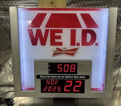 Budweiser Beer We ID Lighted Sign Clock Age Calendar | eBay