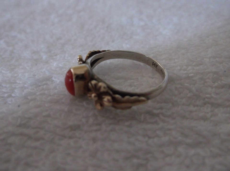 Beautiful Ox Blood CORAL Solid 14K Yellow Gold & Sterling Silver Band ...
