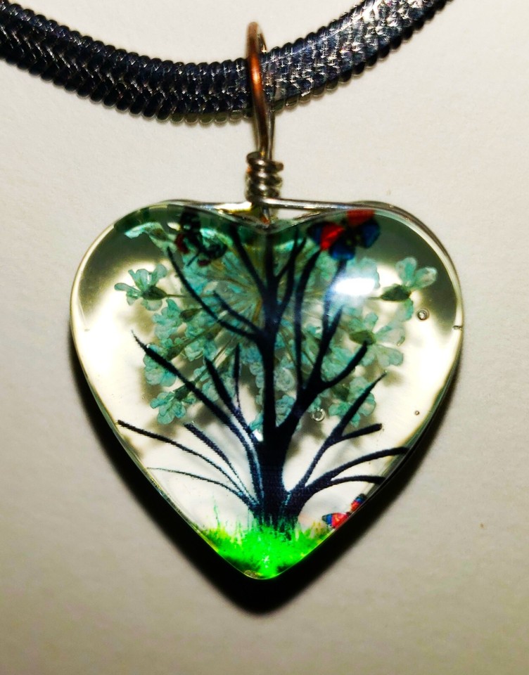 Heart-Shaped Handmade Pendant w/ Real Queen Anne’s Lace, Butterflies ...