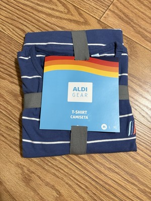 Medium ALDI GEAR Blue Striped Crew Neck Relaxed Boxy Fit Logo T-Shirt ...