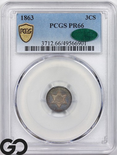 1863 Three Cent Silver PROOF, PCGS PR-66 ** CAC Approved, STUNNING ...