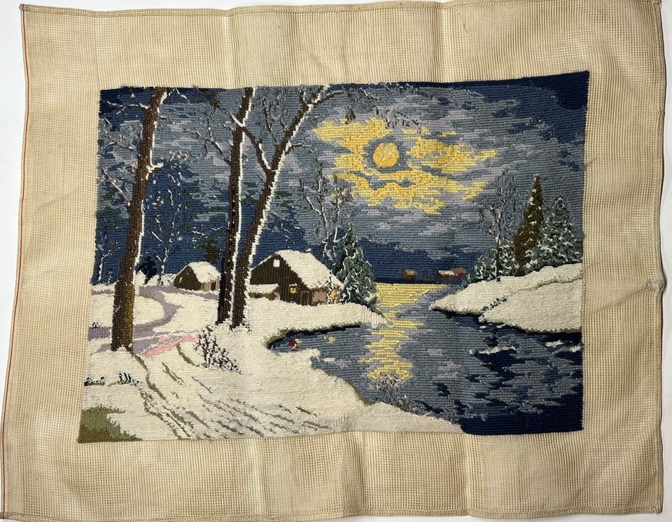 WINTER SNOW SCENE LAKE HOMES Finished Hand-Stitched Needlepoint ...