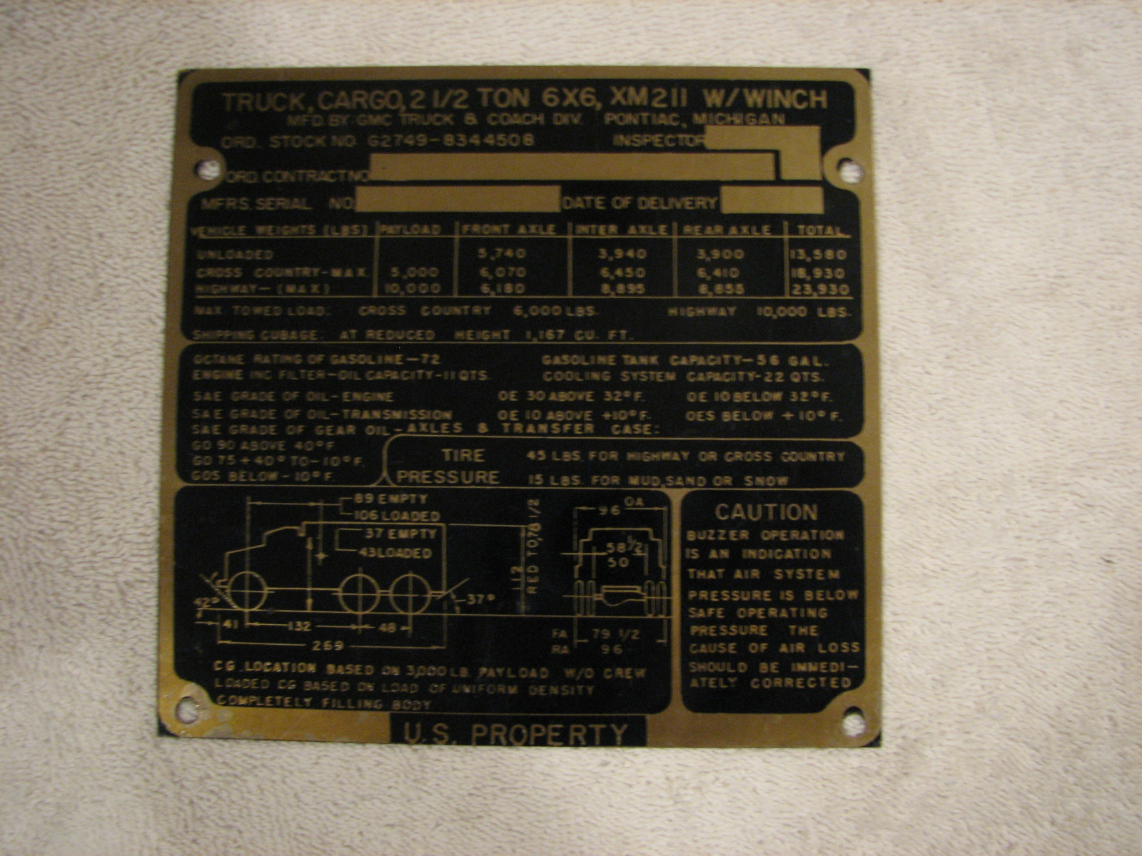 XM211 GMC 2 1/2 TON 6X6 WITH WINCH DATA PLATE WEIGHT & DIMENSION BRASS ...