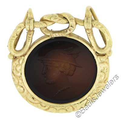 14K Gold Round Carved Hardstone Intaglio Slide Pendant w/ Scroll Work ...