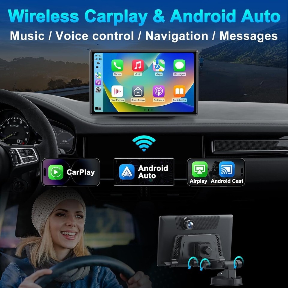 9" Wireless Apple CarPlay Android Auto Screen - 4K Dash Cam AirPlay Car ...