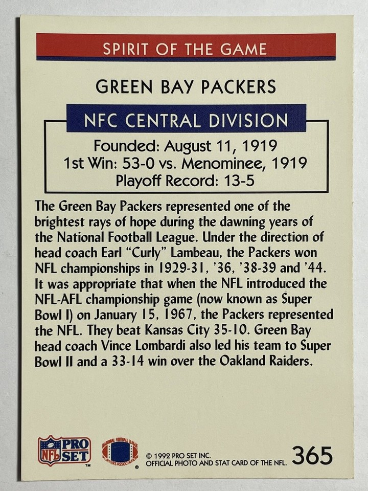 Green Bay Packers 1992 Pro Set SPIRIT OF THE GAME Football Card #365 | eBay