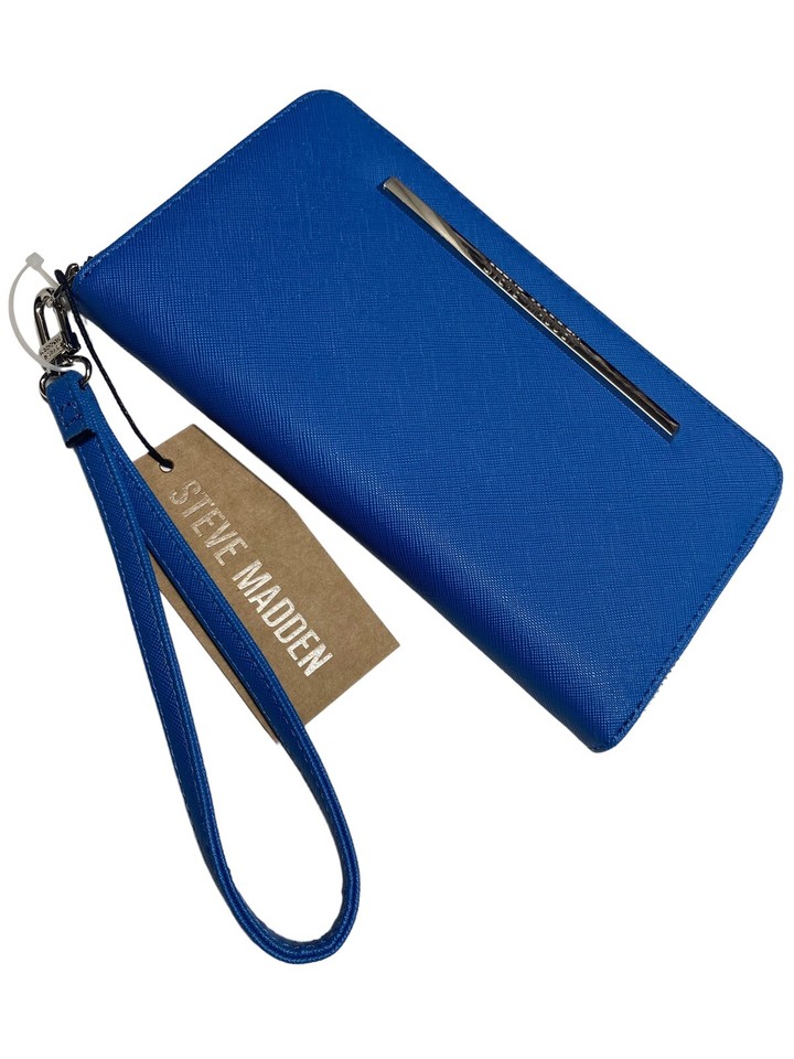 STEVE MADDEN WALLET WRISTLET BLUE SMOOTH TEXTURED SILVER ZIPPER~REAR ...
