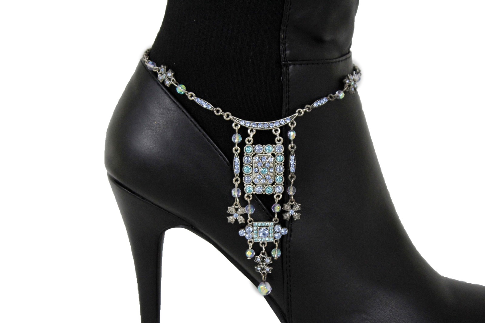 Women Western Boot Bracelet Silver Blue Metal Chain Anklet Shoe Ethnic ...