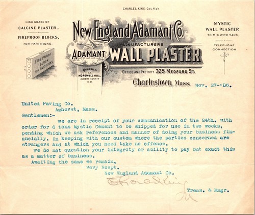 New England Adamant Charlestown MA 1906 Billhead Wall Plaster Cement ...