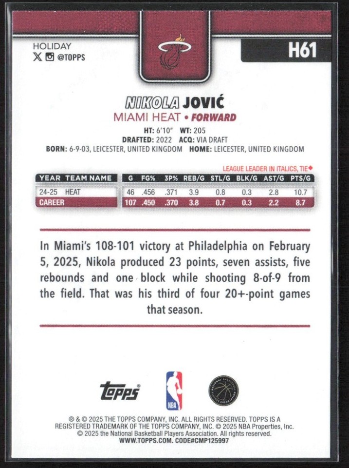 2025-26 Topps Holiday Light Blue Glitter Nikola Jovic Miami Heat #H61 ...