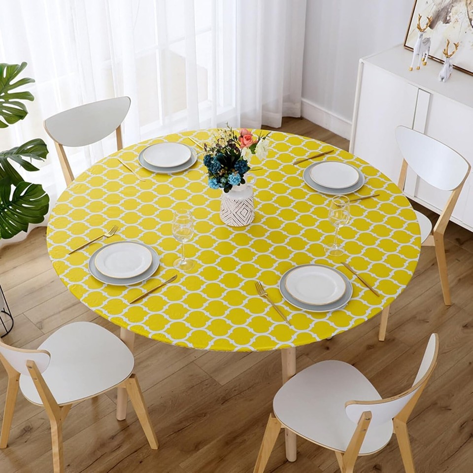 Moroccan Round Fitted Tablecloth Stretch Waterproof Elastic Vinyl Fit ...