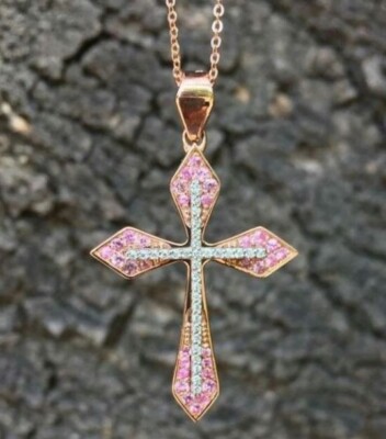 Antique Pink & White Lab Created Diamond Cross Pendant gift For Him 14K ...