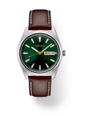 Seiko Essential Minimalist Green Sunray Dial Brown Leather Strap Watch ...