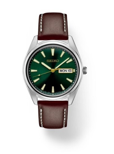 Seiko Essential Minimalist Green Sunray Dial Brown Leather Strap Watch ...