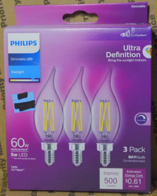 3pk Philips Ultra Definition LED 60W/5W Dimmable Daylight BA11 ...
