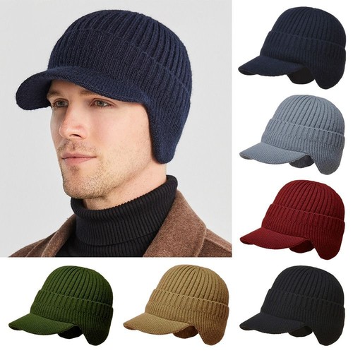 Ear Protection Beanie Hat Warm Peaked Knit Cap Winter Bomber Hats Men ...