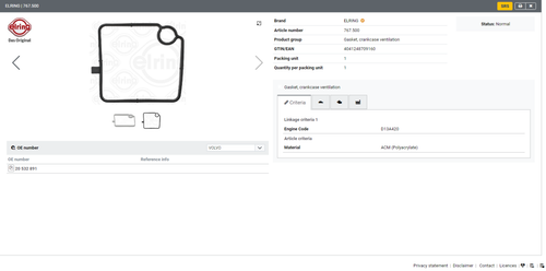 Volvo Truck VNL D13 Oil Separator Gasket 20532891 Elring Made in ...
