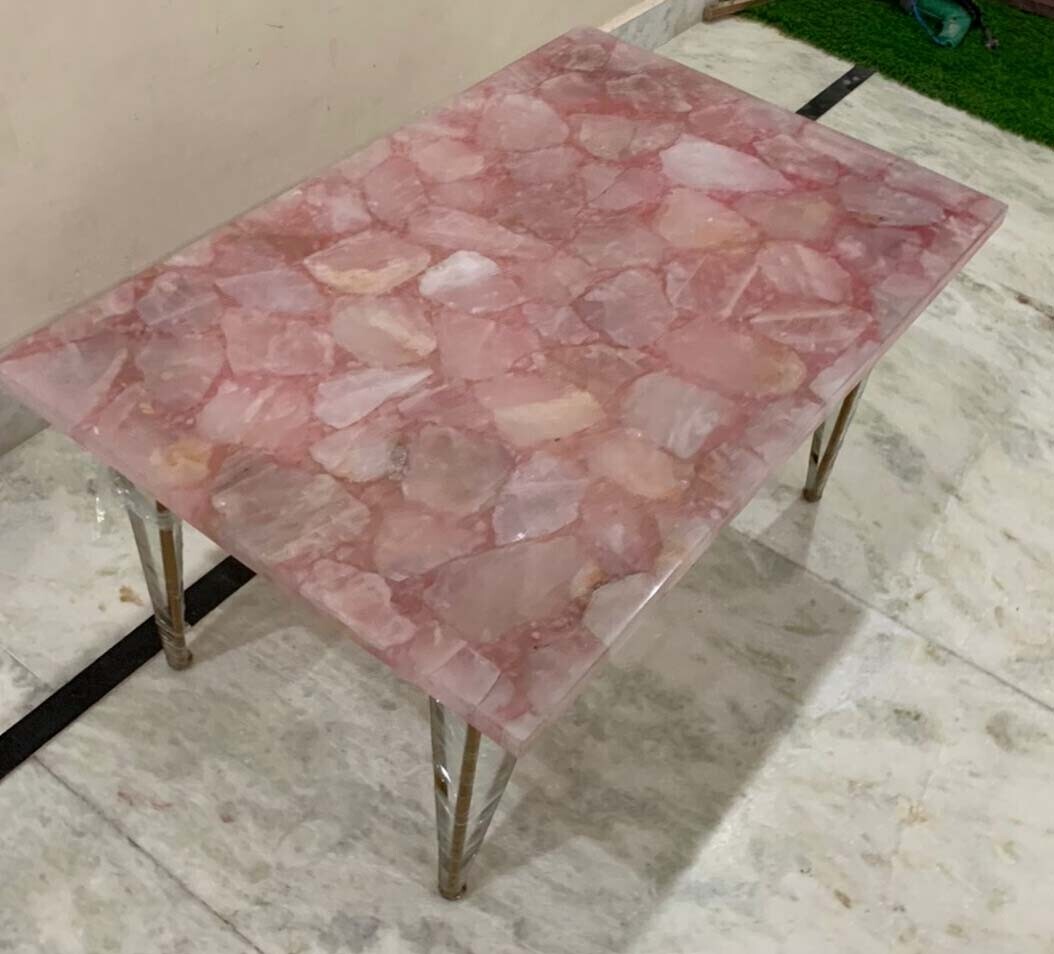 Rectangle Rose Quartz Dining Table Healing Crystal Gemstone Office ...