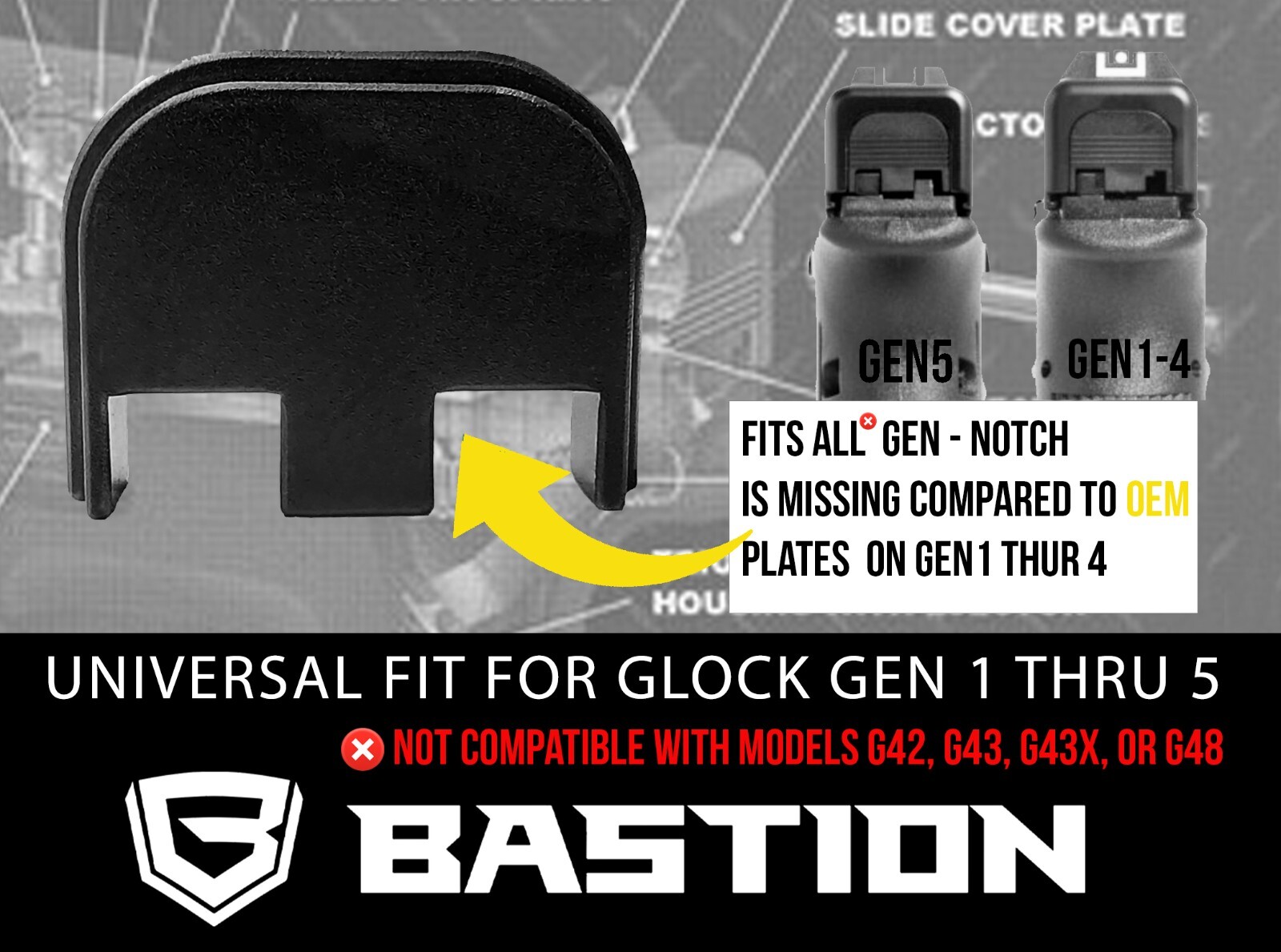 Bastion Slide Back Plate Cover for Glock 19, 17-41, 45 Gen 1-5 ...