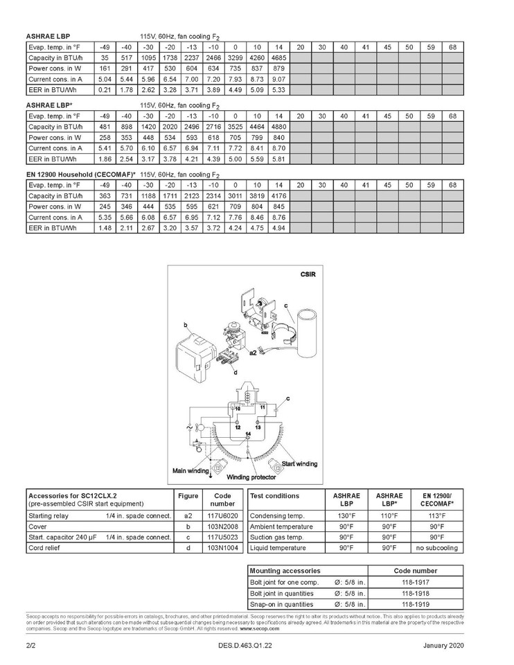 SECOP COMPRESSORS SC12CLX.2 115V R404 LBP/MBP 1/2 HP | eBay