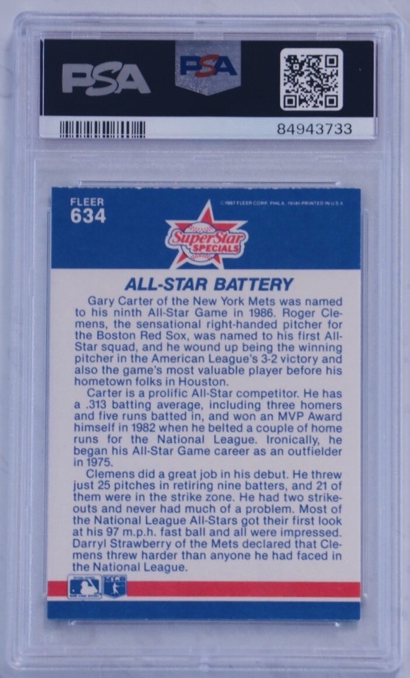 1987 Fleer Glossy All Star Battery Gary Carter Roger Clemens #634 PSA 9 ...