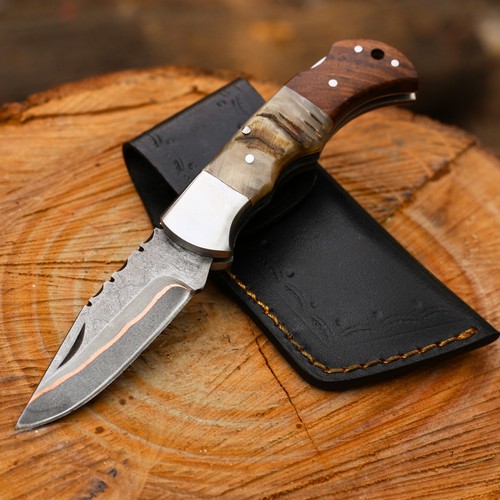 Handmade Copper Damascus Folding Knife With Ram Horn Handle & Leather ...