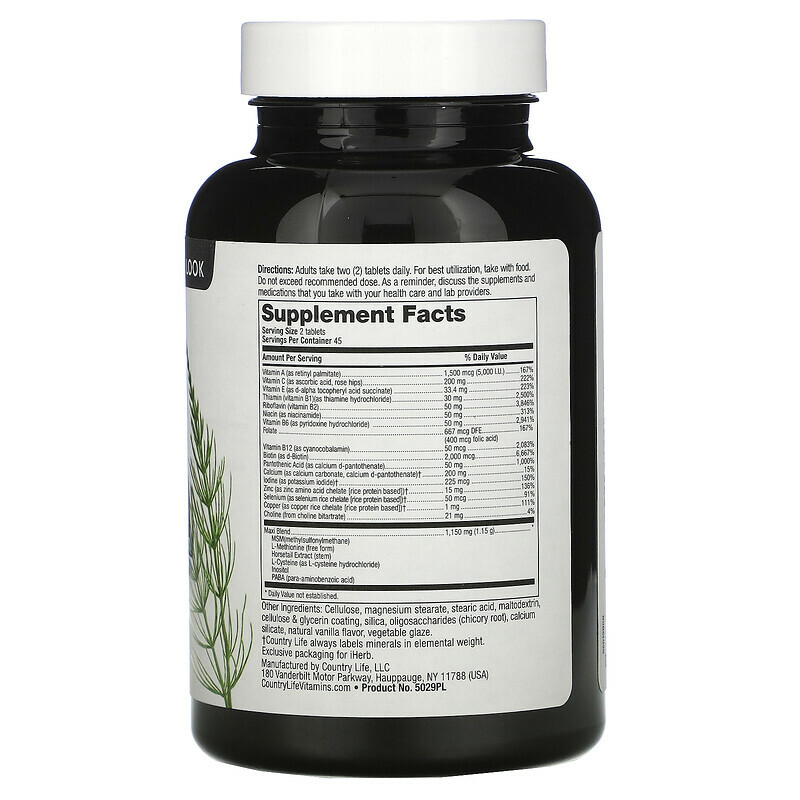 Country Life Maxi-Hair 90 Tablets Biotin MSM B Vitamins for Healthy ...