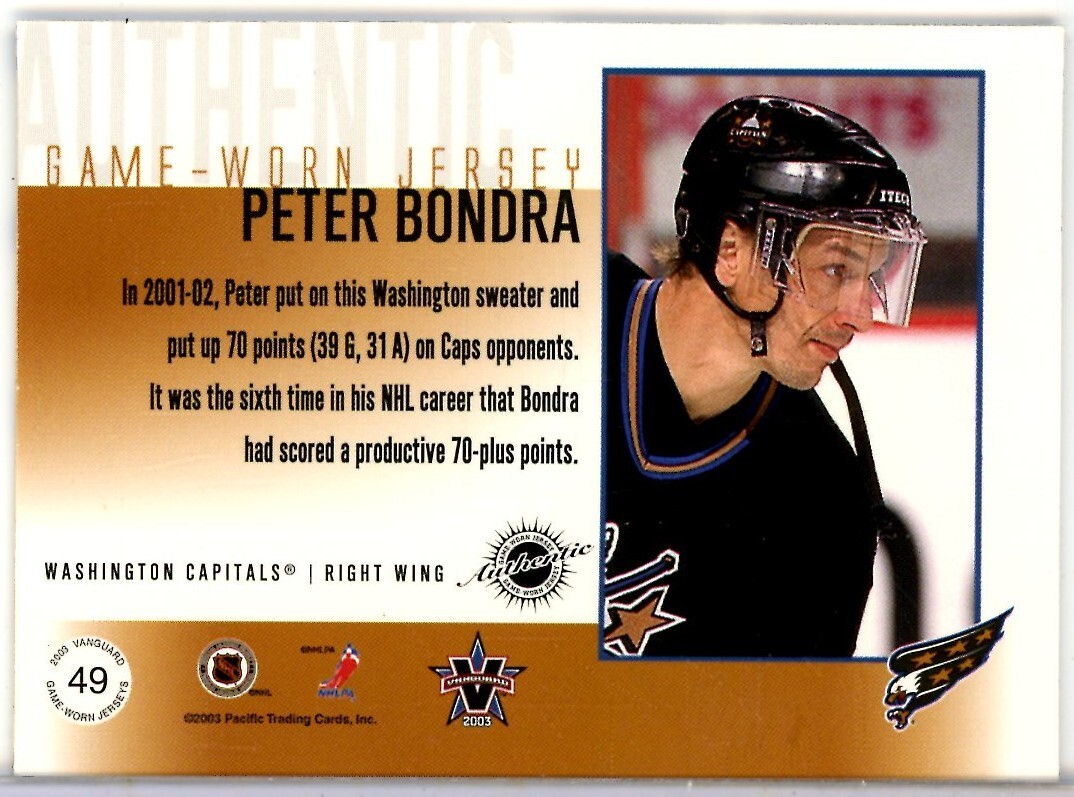 2002-03 Vanguard Jerseys #49 Peter Bondra JERSEY /509 - Washington ...