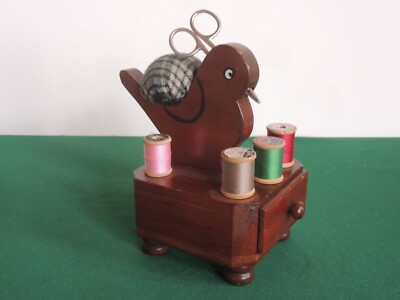 Vintage Wood Sewing Box w/Drawer Scissor Bird Thread Spindles Pin ...