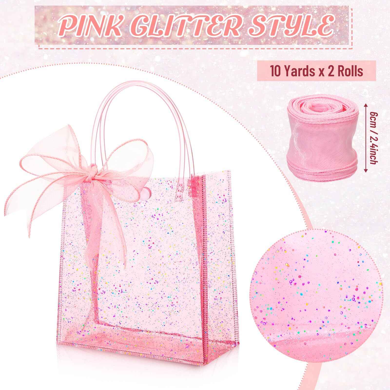 24 Clear Pink PVC Gift Bags 6.3x5.9 Inch Tote with Ribbons Bridal ...