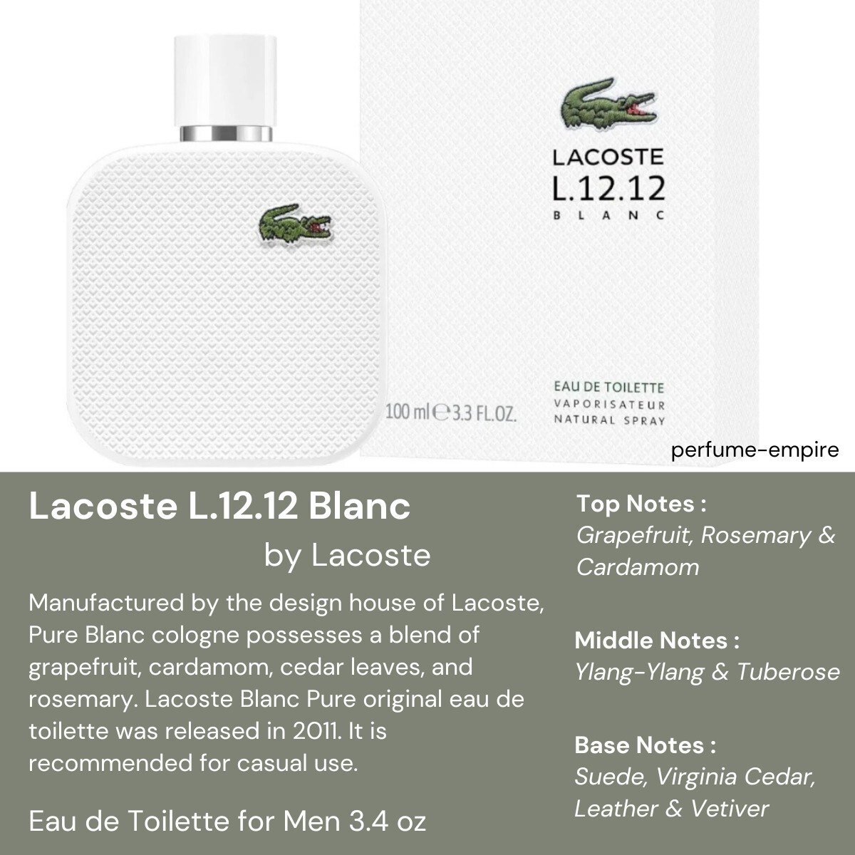 Lacoste L.12.12 Blanc by Lacoste cologne for men EDT 3.3 / 3.4 oz New ...