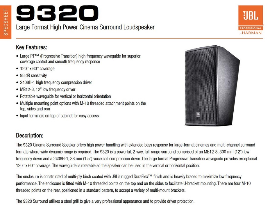 PAIR of JBL 9320 Large Format High Power Cinema Surround Loudspeaker ...