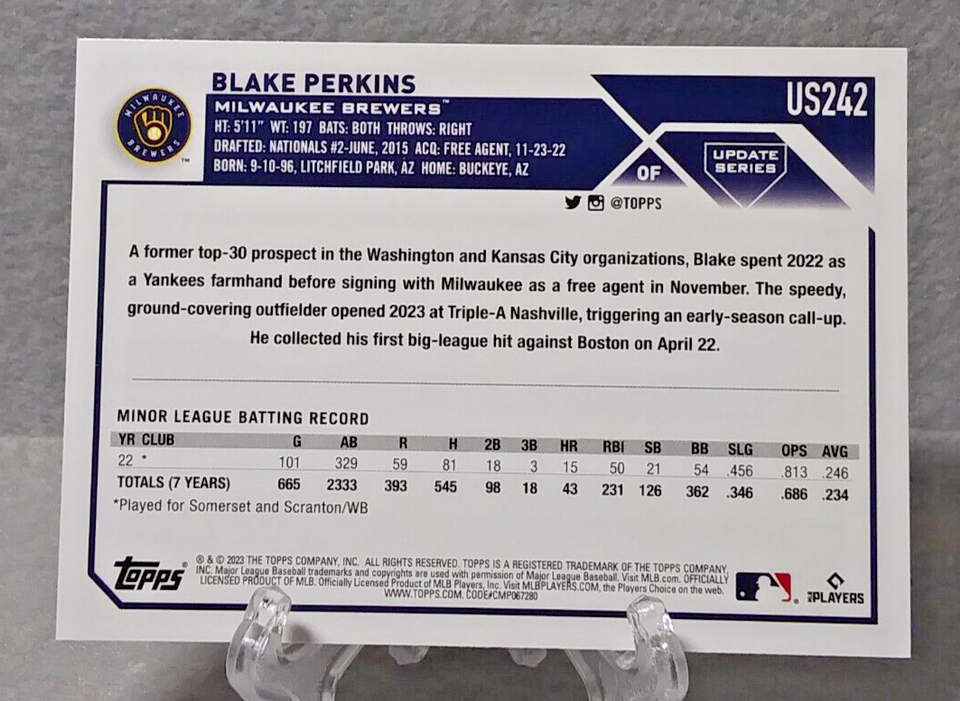 2023 Topps Baseball Update Series Blake Perkins #US242 RC Brewers | eBay