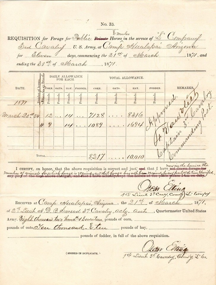 1871, Fort Hualapai, A.T., 3rd Cavalry, Captain Van Vliet, Oscar Elting ...