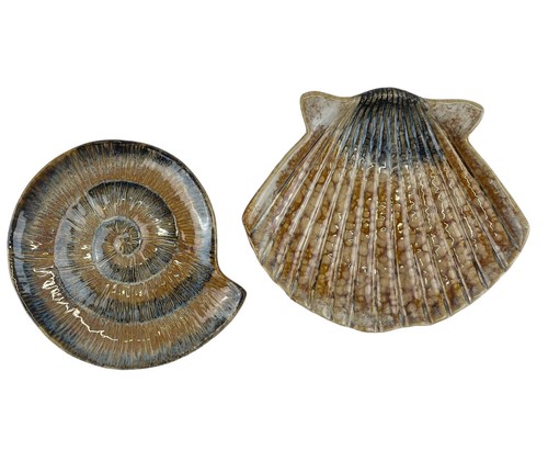 Clam Shell & Snail Plates 8" Blue Brown Ceramic Appetizer Dessert ...