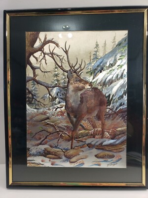 8x10 Foil Art Print Buck, Deer, Winter Scene Framed Picture, Signed P ...