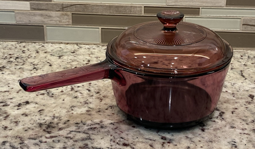 Vision Corning Ware Cranberry Glass 1L Saucepan Teflon w/ Ribbed Lid 6. ...