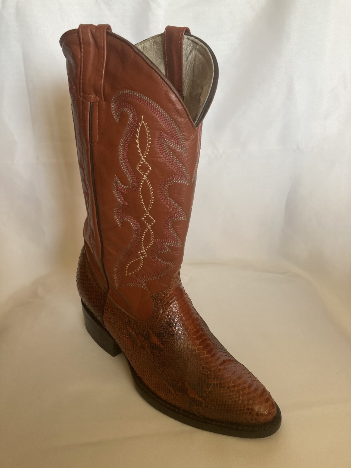 WESTERN BOOTS 7 M COGNAC GENUINE PYTHON SKIN VAMP & QUARTER ROUND TOE ...