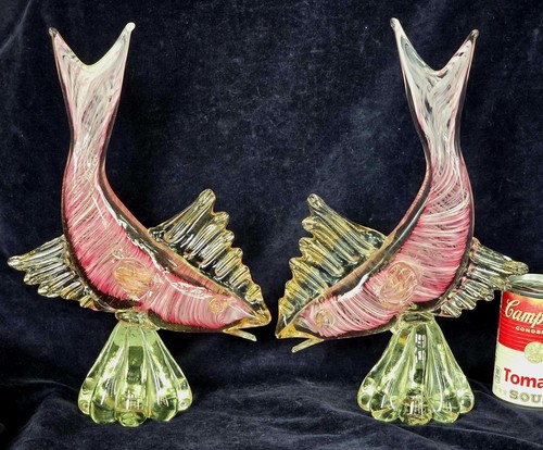 (PAIR) Large Murano Glass Fantasy Fish w Encased Gold & Labels MCM ...