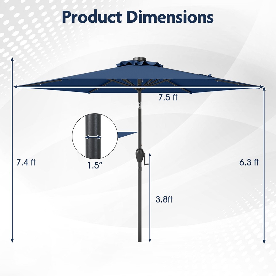 7.5 ft Solar Powered Patio Umbrella w/ LED Lights Push Button Tilt ...