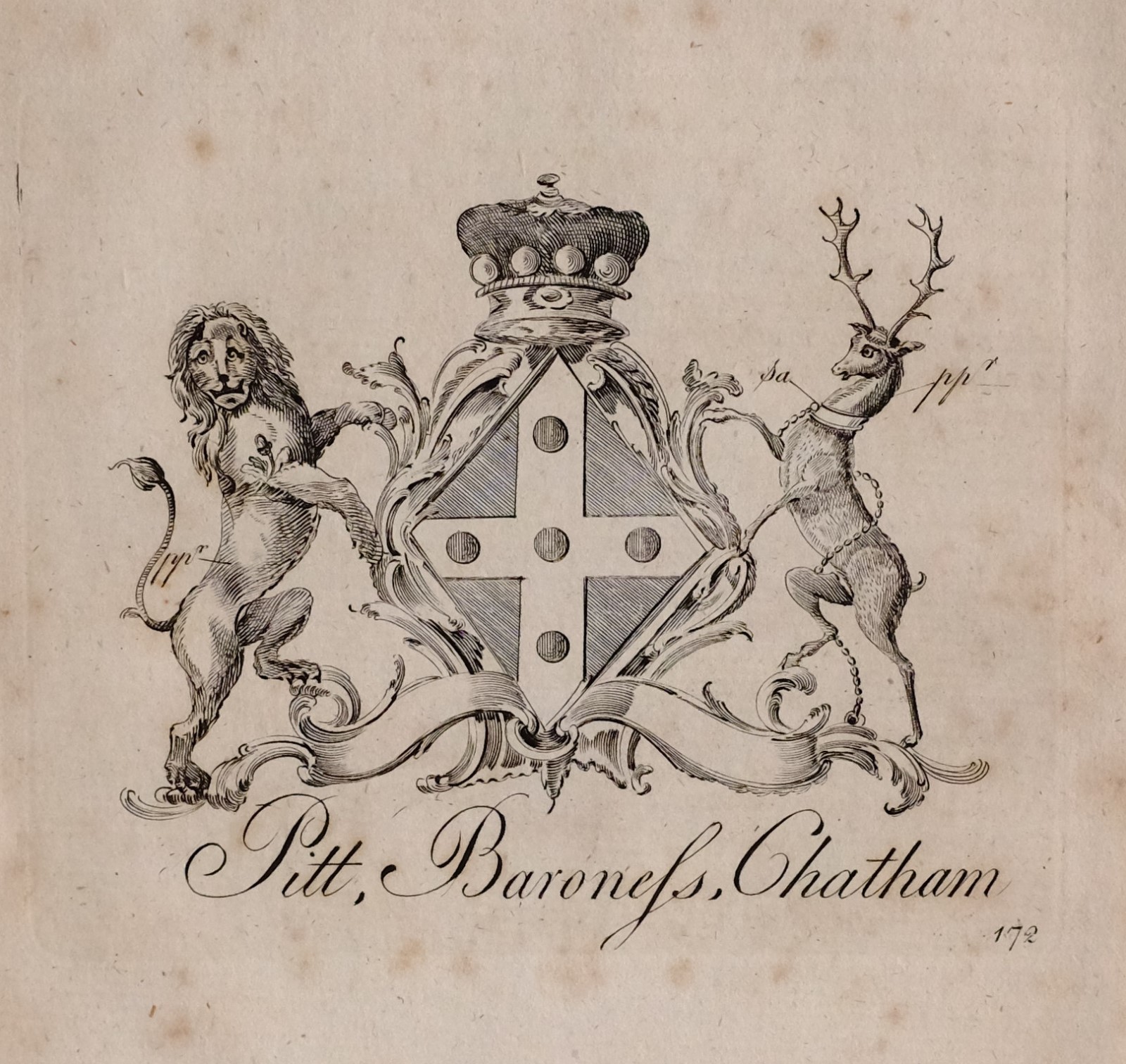 1779 ANTIQUE PRINT ~ PITT ~ FAMILY CREST COAT OF ARMS BARONESS CHATHAM ...