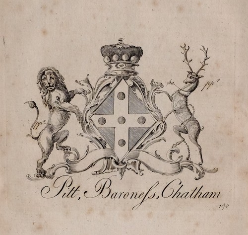1779 ANTIQUE PRINT ~ PITT ~ FAMILY CREST COAT OF ARMS BARONESS CHATHAM ...