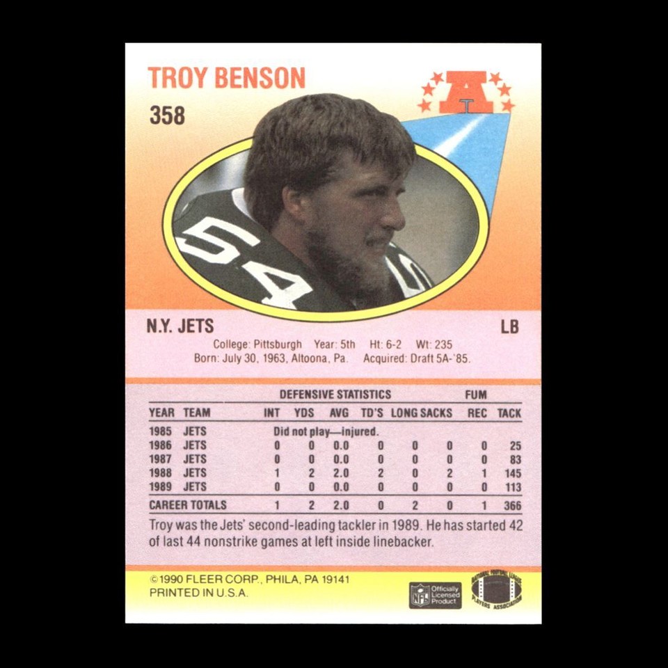Troy Benson 1990 Fleer New York Jets #358 R325D 60 | eBay