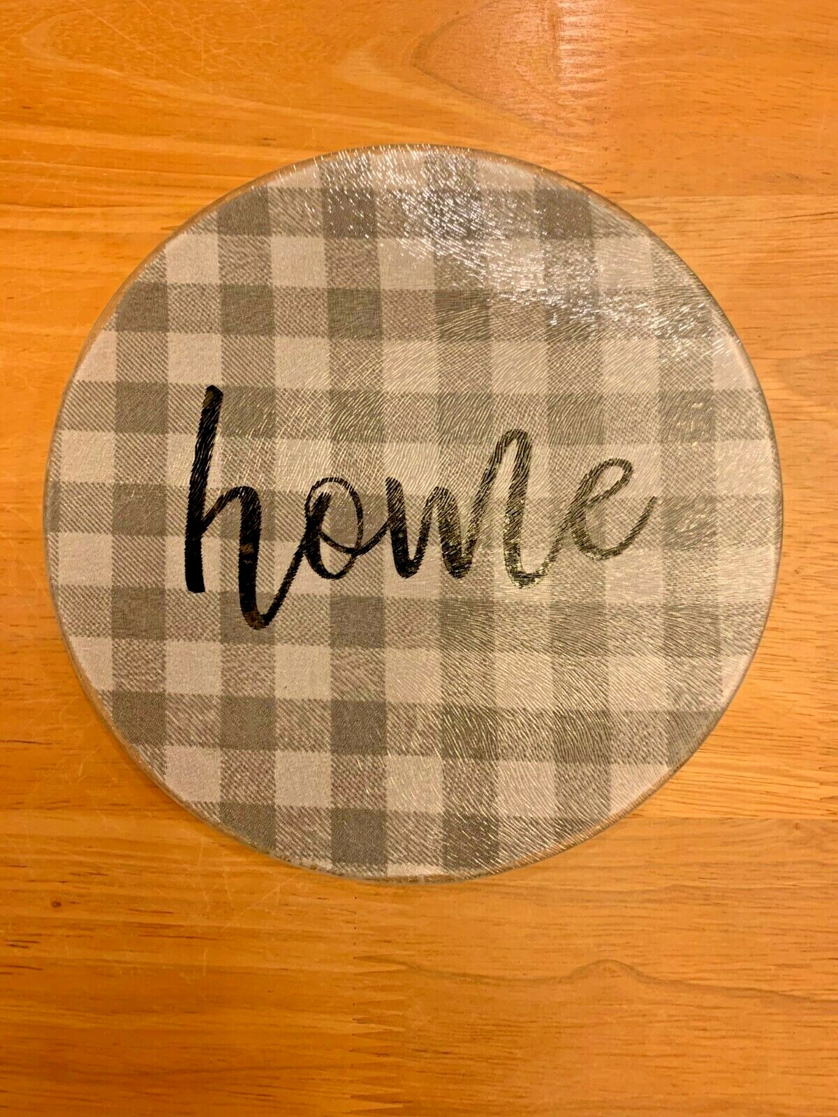 Handmade Textured Tempered Glass 8" Round HOME Gray Check Cutting Board ...