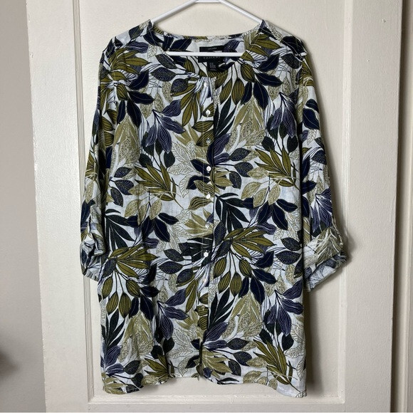 Tahari botanical print 100% linen button up shirt womens 3X green plant ...