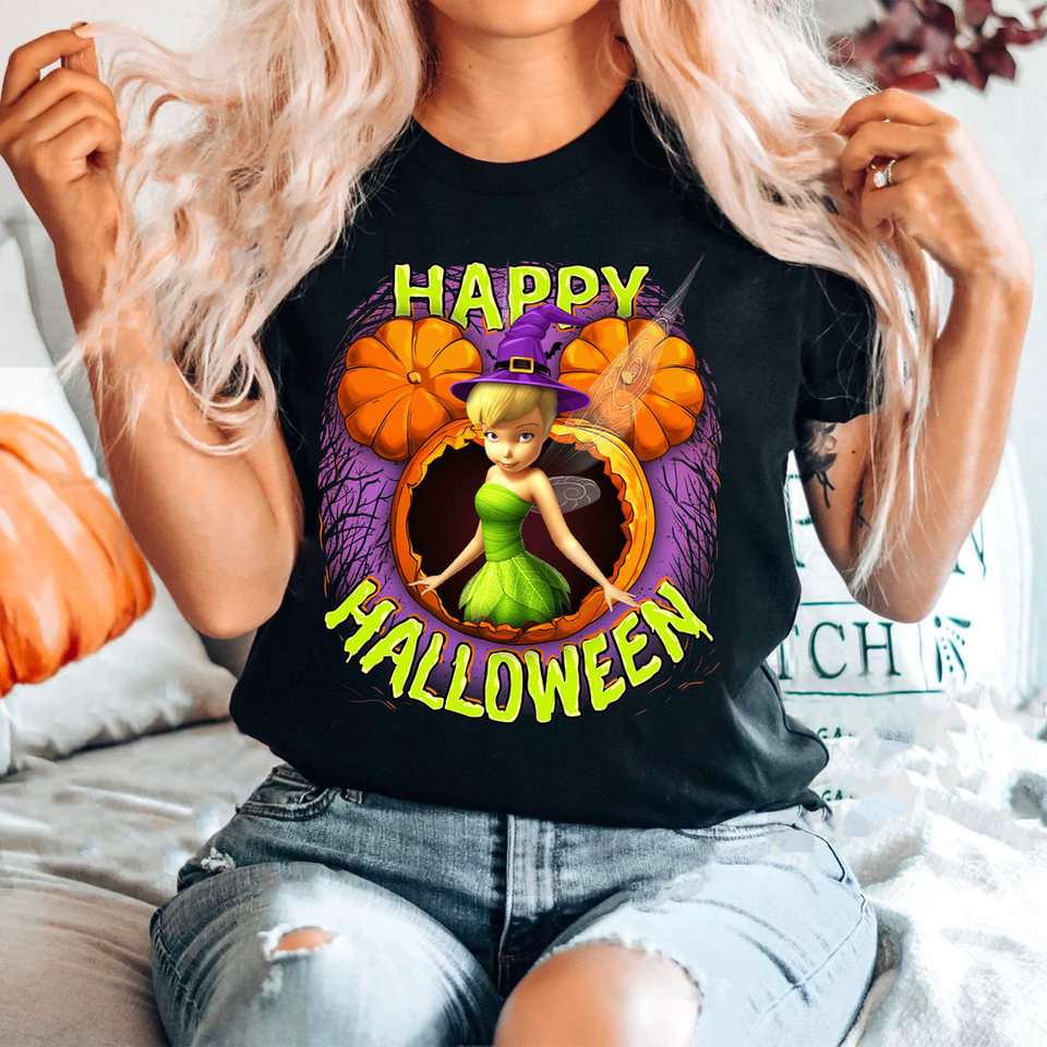 Tinker Bell Witch Hat Pumpkin Mouse Ears Head Happy Halloween Tshirt ...