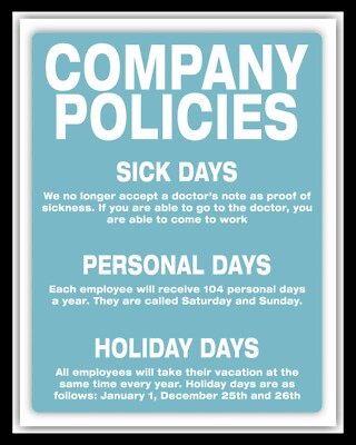 COMPANY POLICY RULES SICK DAYS HOLIDAYS SHOP CALL CENTRE METAL PLAQUE ...